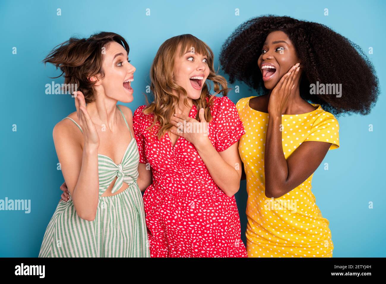 Photo of three excited girls happy positive smile excited amazed ...