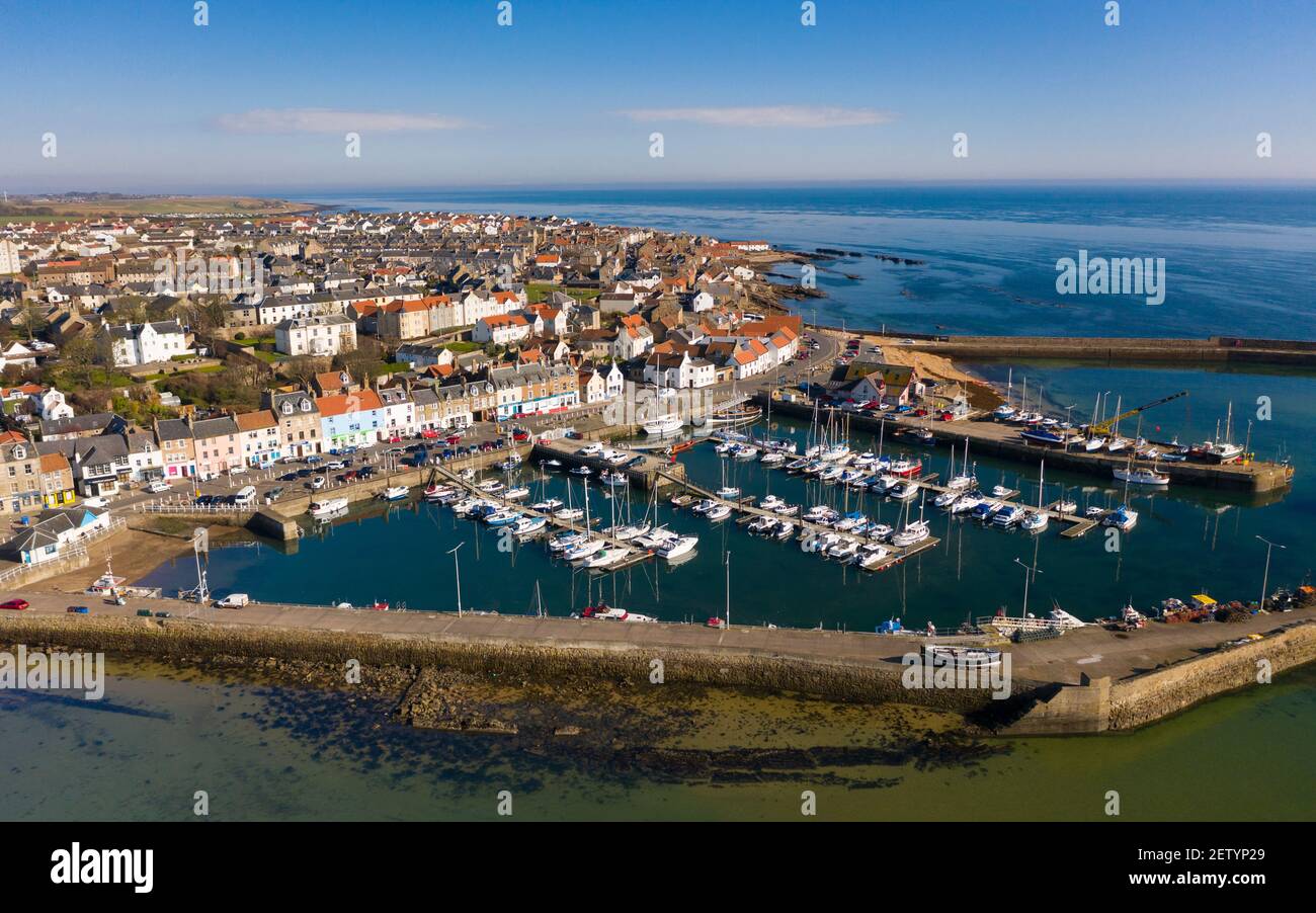 Aerial view from drone of harbour at Anstruther fishing village in East ...