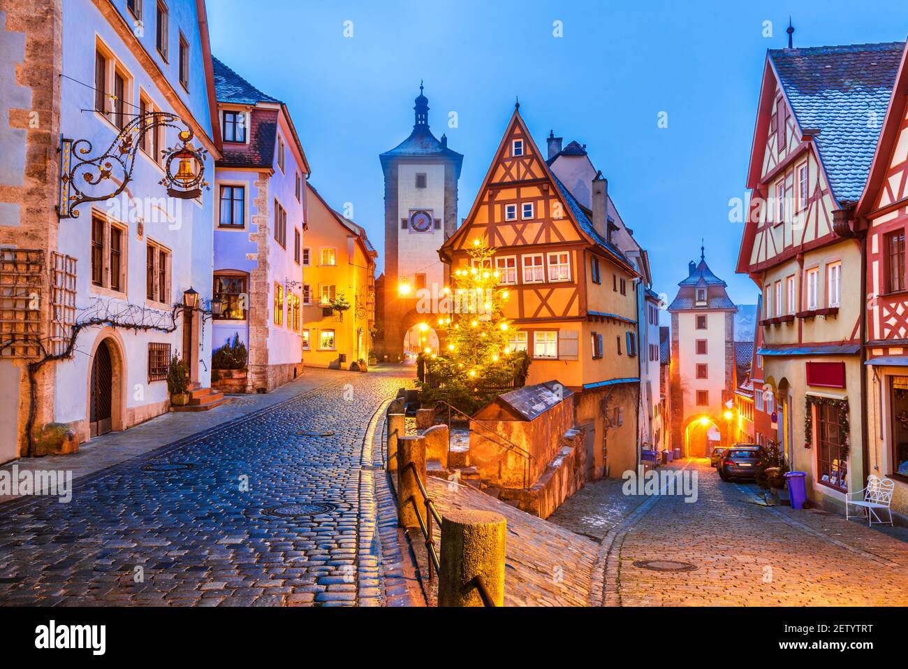 Medieval town of Rothenburg ob der Tauber at night, Romantic Road in ...
