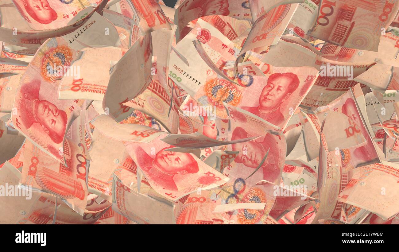 The 3d rendering of Yuan notes from China's currency. Chinese banknotes ...