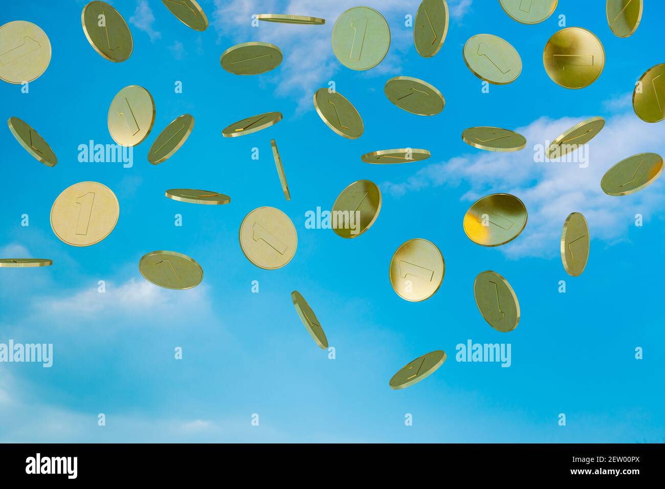 Golden coins falling from the blue sky. 3d illustration Stock Photo - Alamy