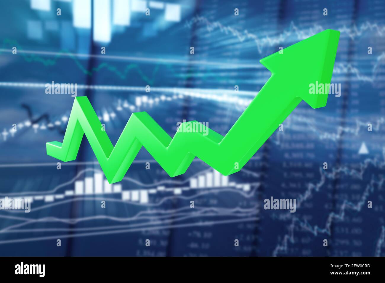 Growing green arrow on a blurred background of stock quotes. Growth ...