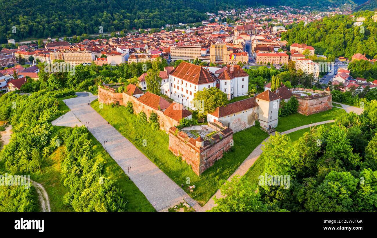 Brasov, Transylvania. Vivid sunrise aerial view from The Citadel ...