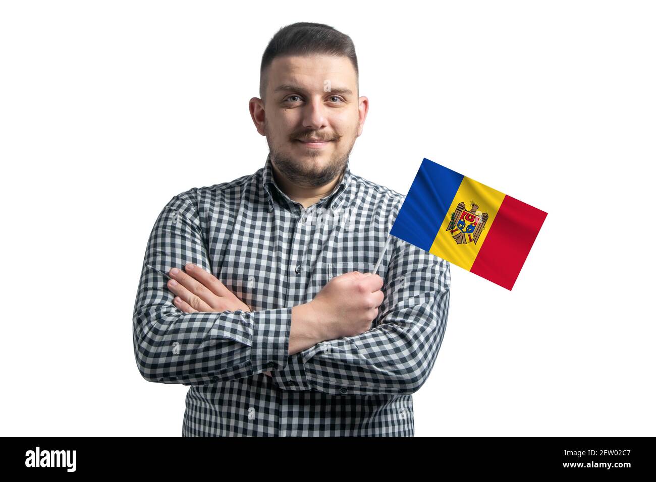White guy holding a flag of Moldova smiling confident with crossed arms ...