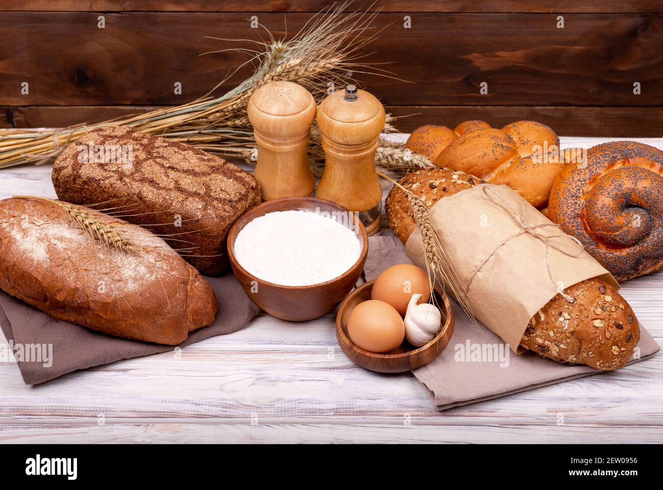 Various bread rolls. Healthy bread assortment. Bakery products Stock ...