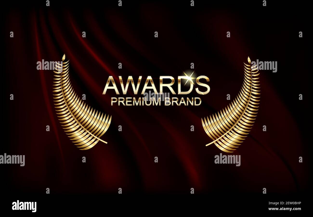 Golden award sign with laurel wreath and podium isolated on red curtain ...