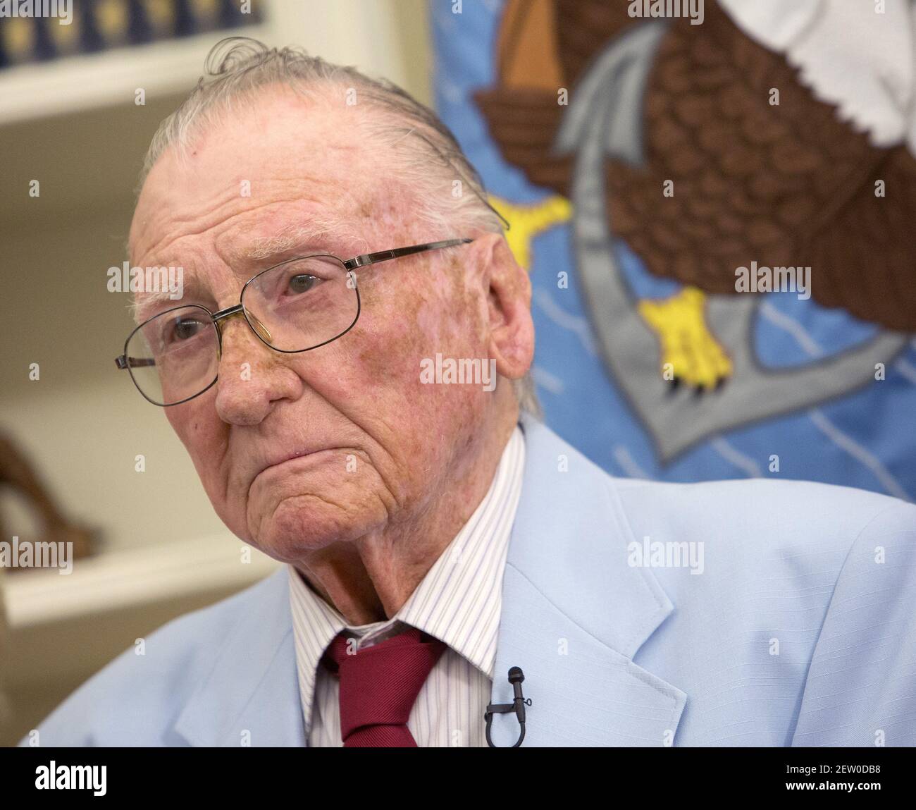 Donald Stratton listens to U.S. President Donald J. Trump speak while ...