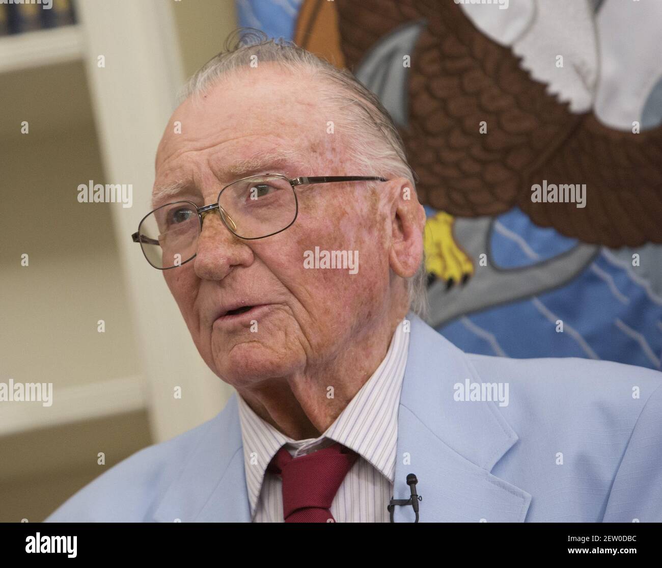 Donald Stratton listens to U.S. President Donald J. Trump speak while ...