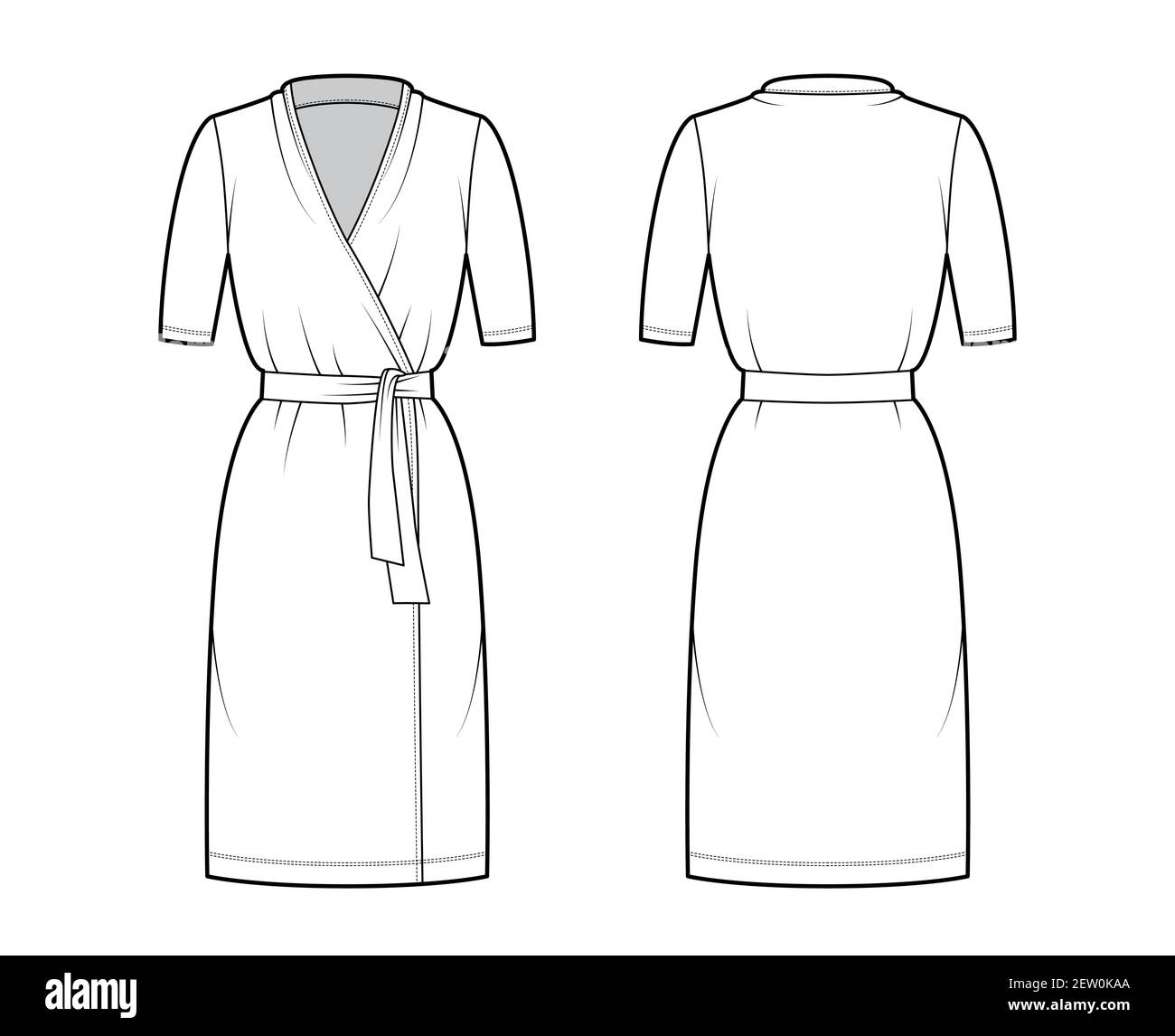 Wrap dress technical fashion illustration with deep V-neck, short ...