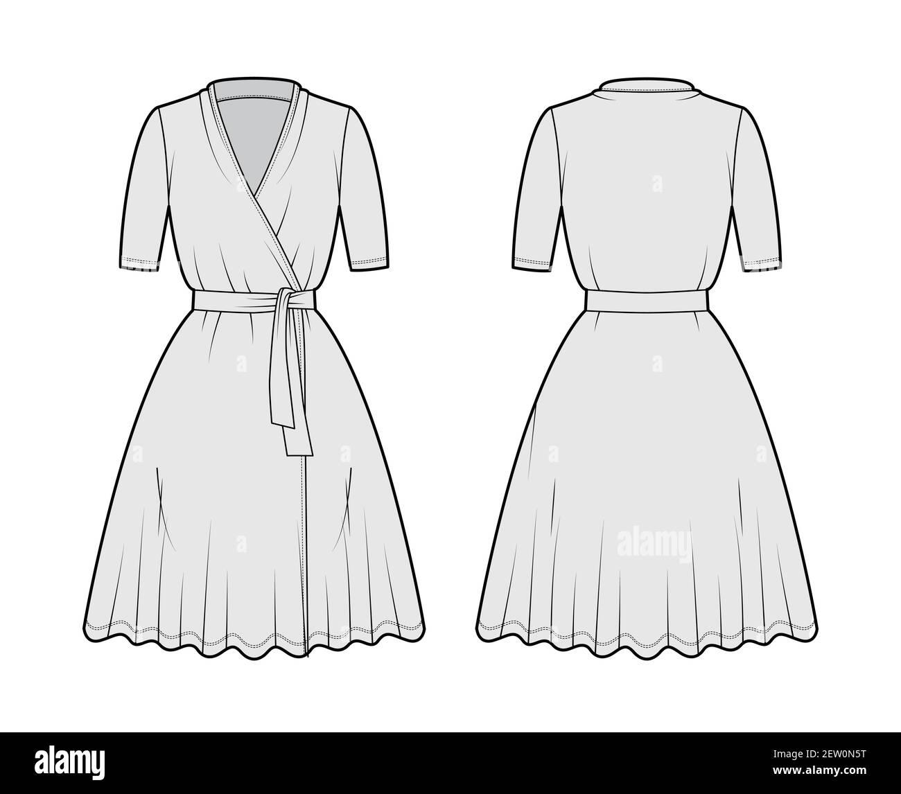 Wrap dress technical fashion illustration with deep V-neck, short ...