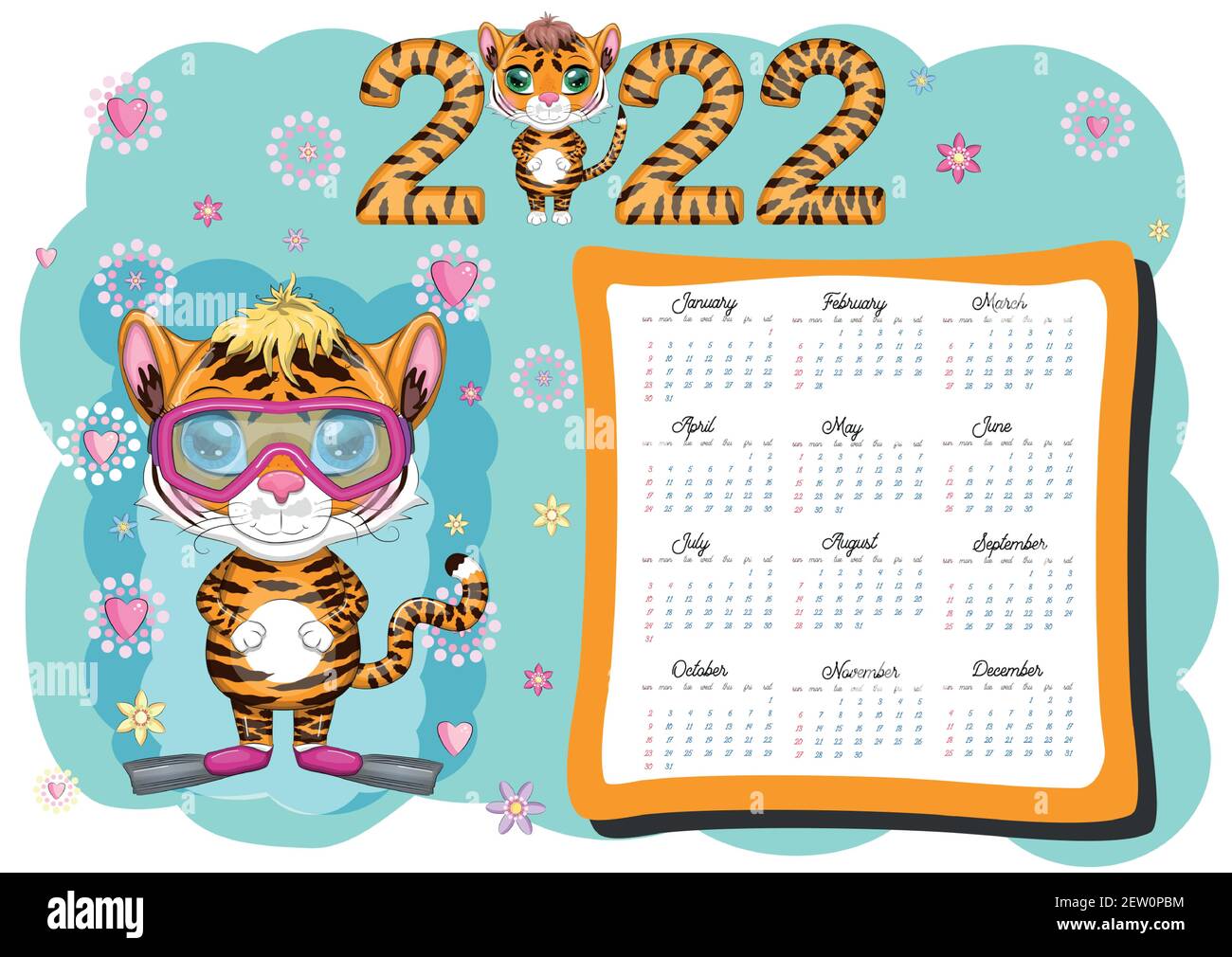 Calendar 2022. Tiger - a symbol of the new year, Cartoon tiger. Chinese ...