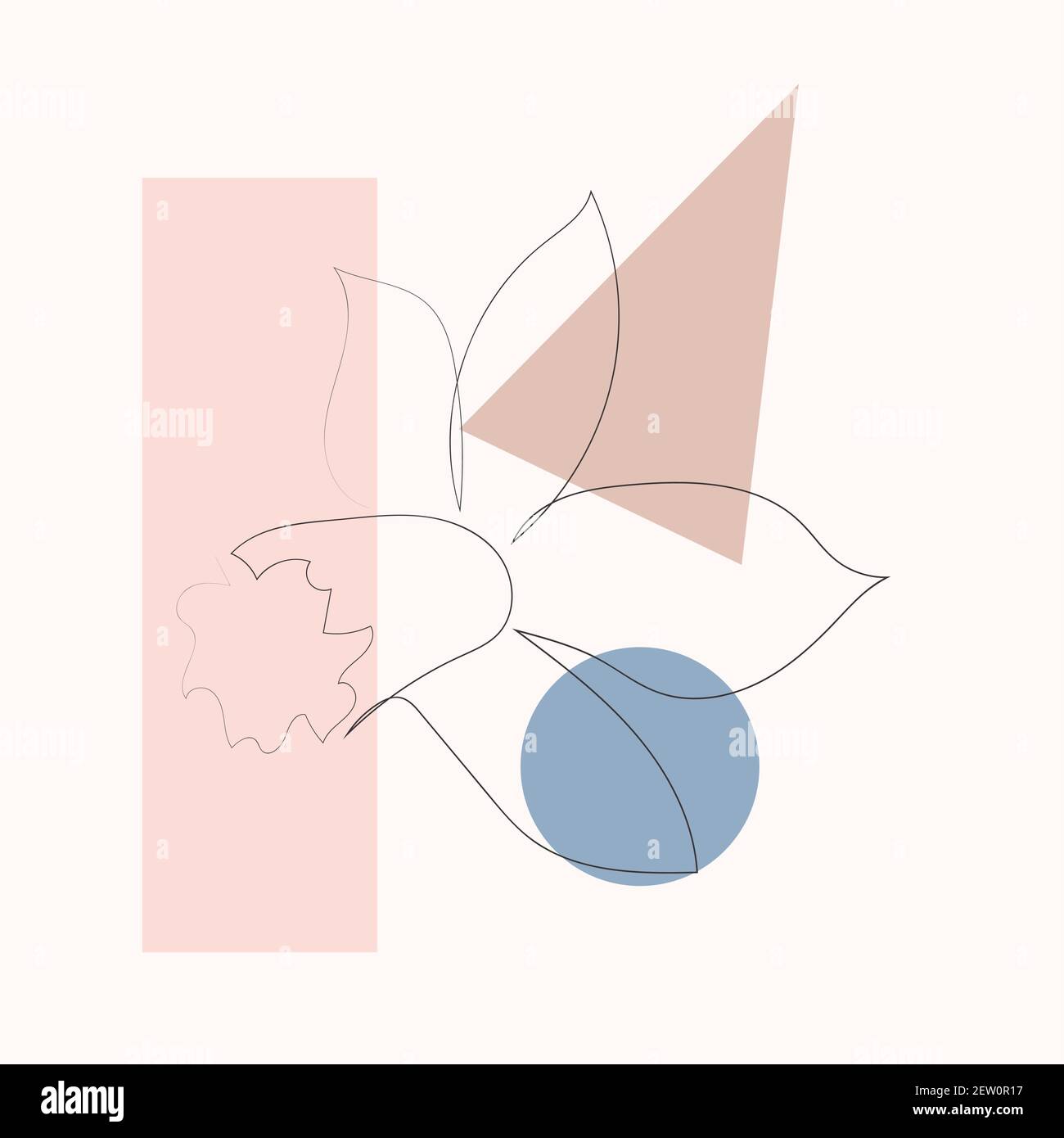 One line with minimal shapes, patterns, tropical leaves and flower ...