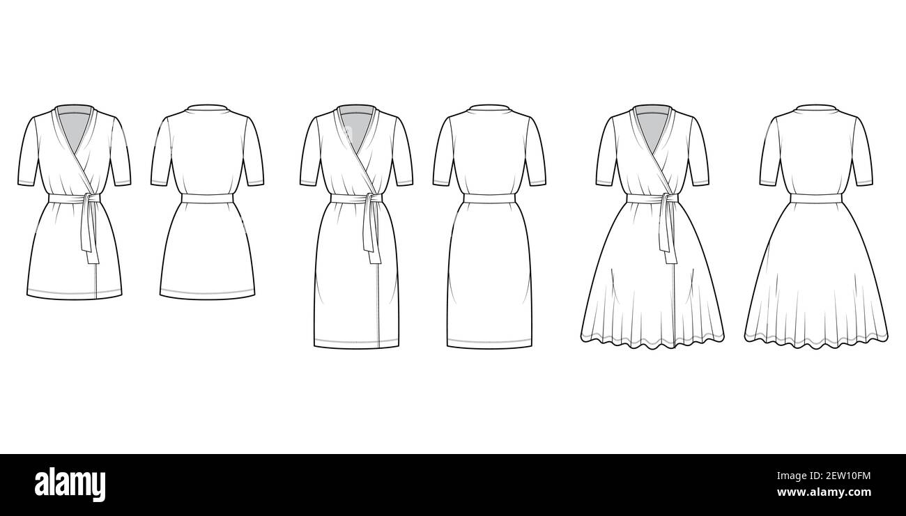 Set of Wrap dress technical fashion illustration with deep V-neck ...