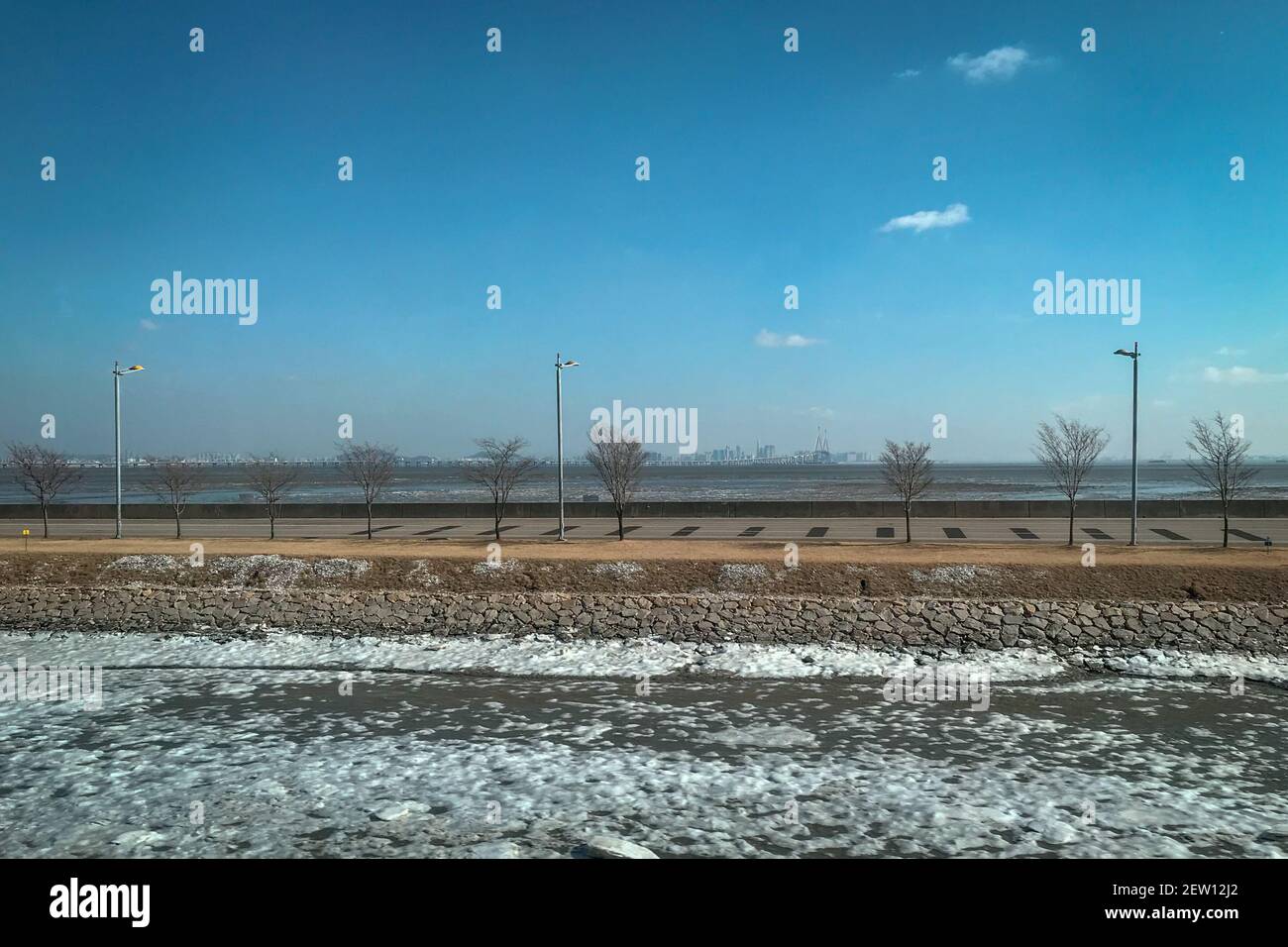 View to Incheon bridge and Seoul skyline, South Korea in winter Stock ...