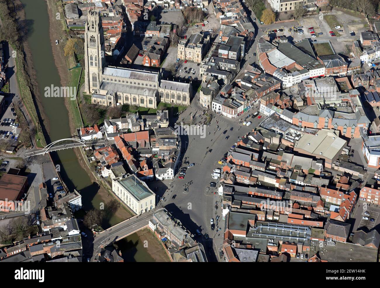 aerial view of Boston town centre with the Market Place and St Botolph ...