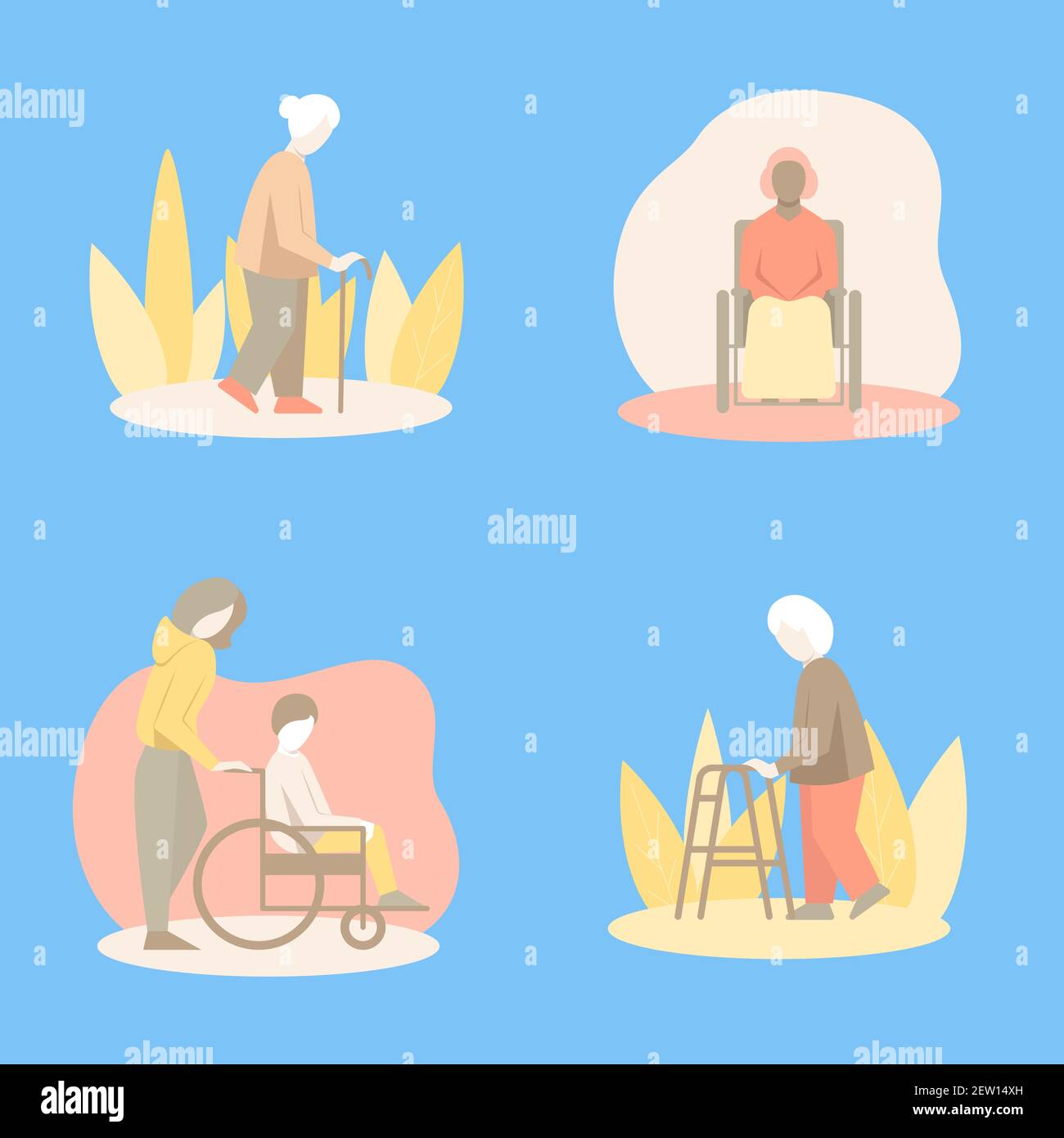 Old disabled women set in flat style. Elderly people using walking cane ...