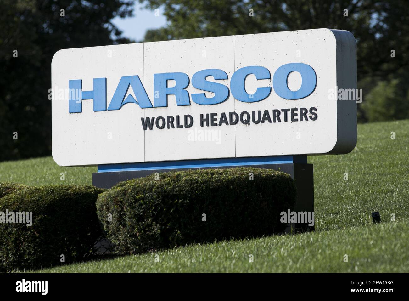 A logo sign outside of the headquarters of the Harsco Corporation in ...