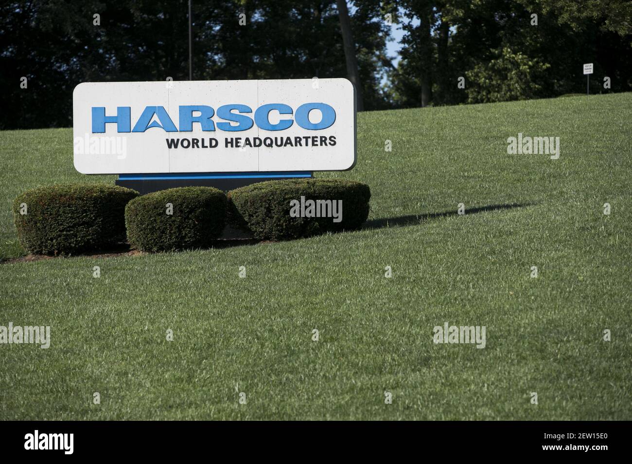A logo sign outside of the headquarters of the Harsco Corporation in ...
