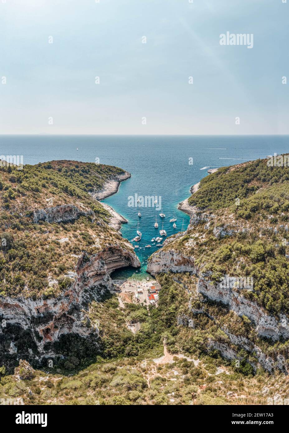Aerial drone shot of iconic Stiniva cove beach of Adriatic sea on Vis ...