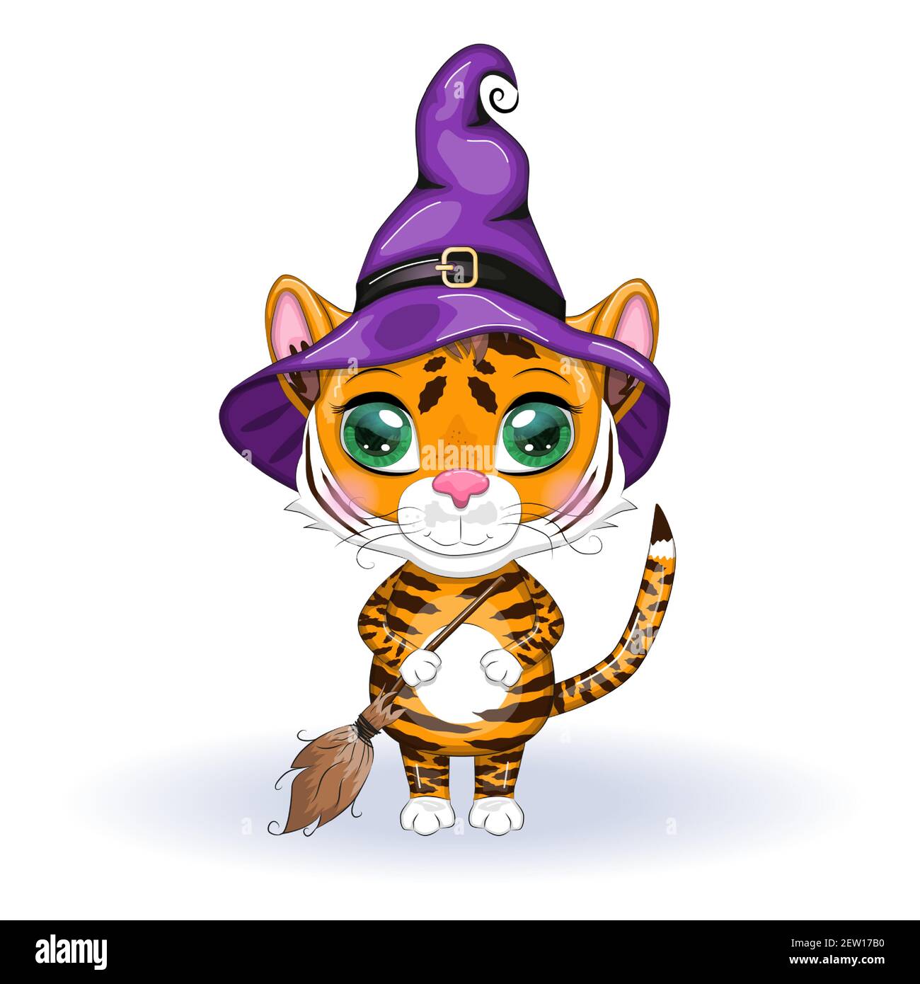 Cute cartoon tiger with beautiful eyes, orange in a purple cloak and ...