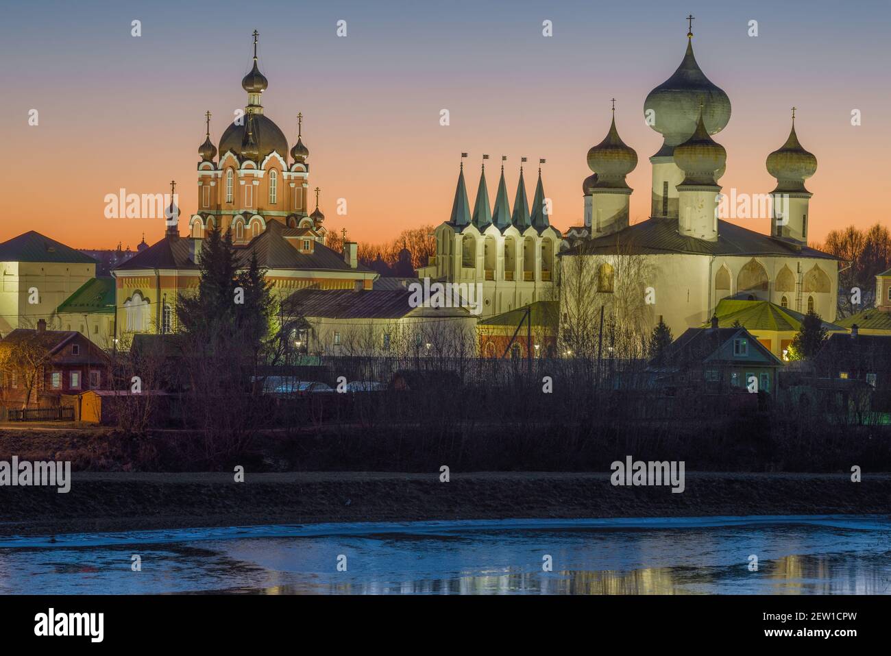 Temples of the Tikhvinsky Theotokos-Assumption Monastery against the ...