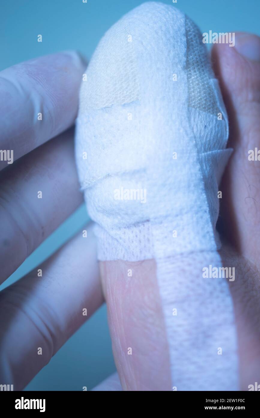 Foot big toe bandage injured feet in medical clinic hospital center ...
