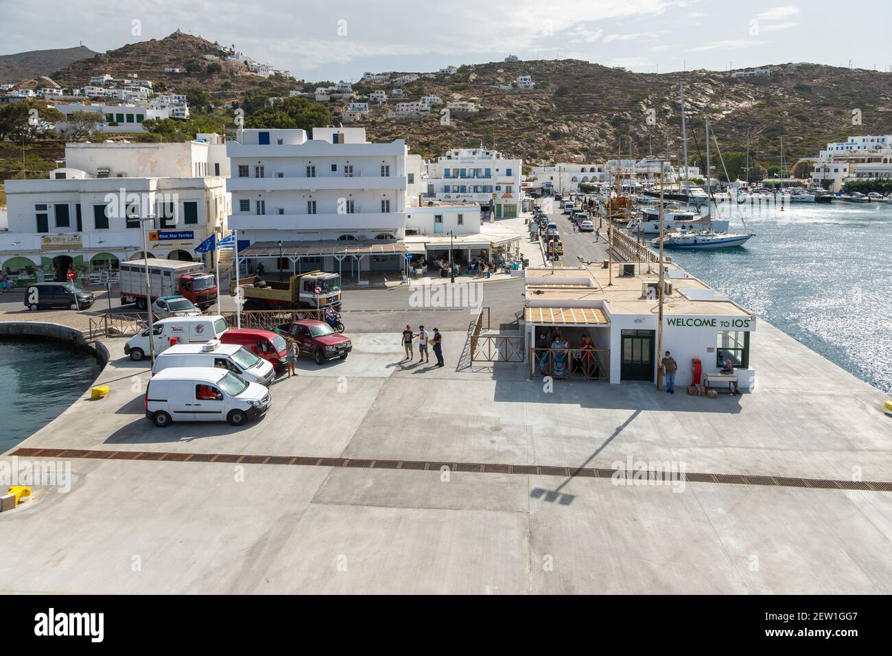 Port on the island of Ios, Greece - 26 September 2020: View of the ...