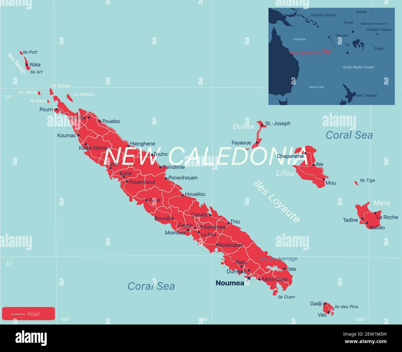 New Caledonia detailed editable map with cities and towns, geographic ...