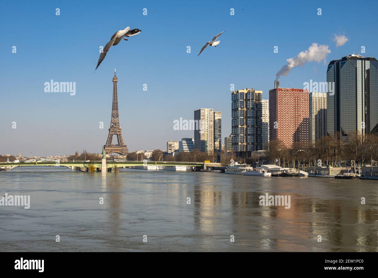 France, Paris, the flood of the Seine, the Eiffel Tower and the towers ...