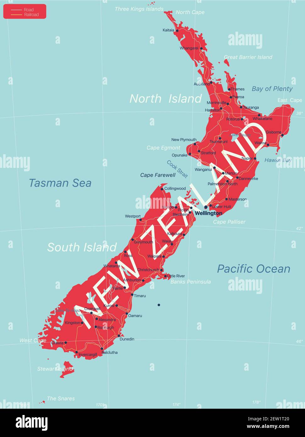 New Zealand detailed editable map with cities and towns, geographic ...
