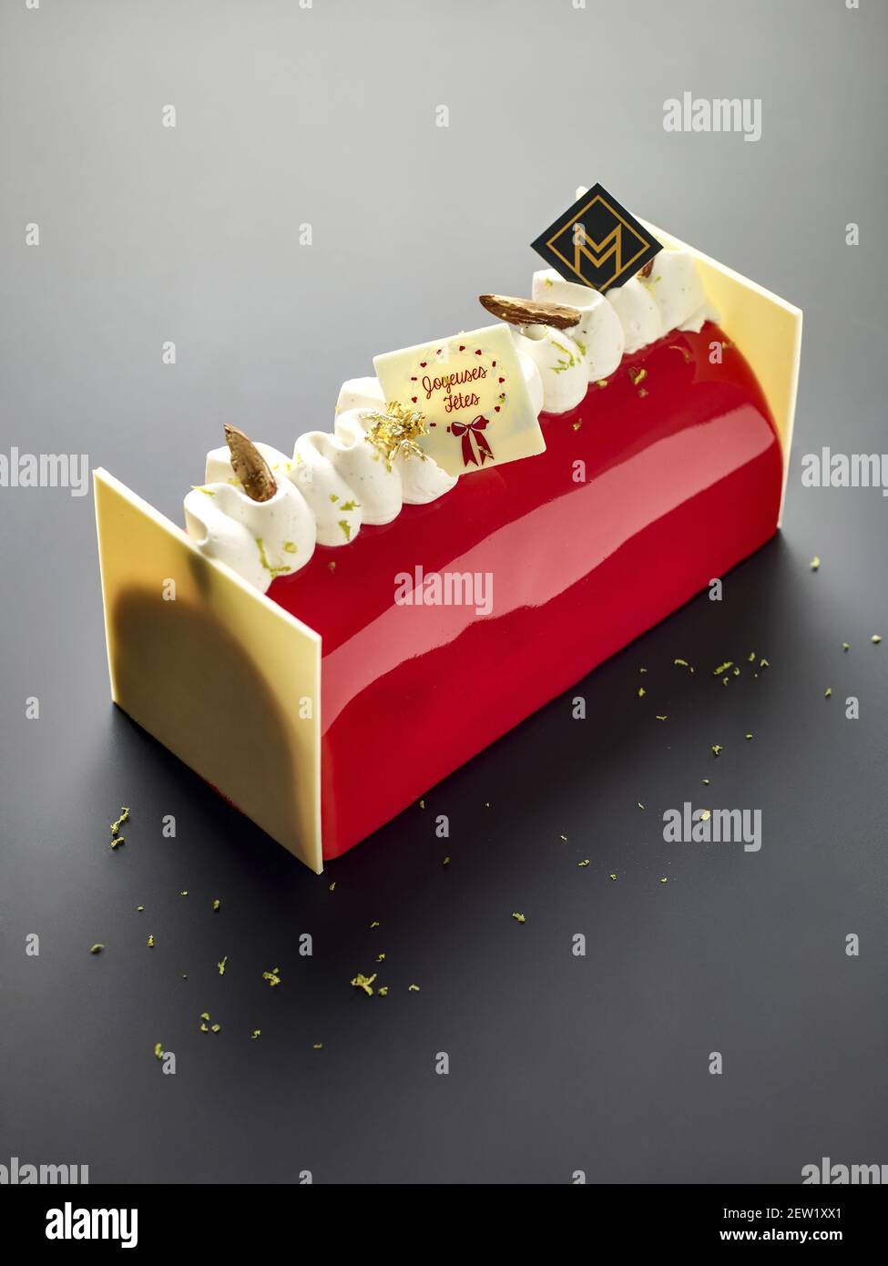 Christmas log, crispy gianduja, almond dacquoise; white cheese mousse ...