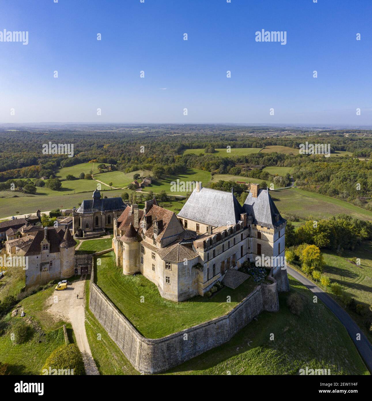 France, Dordogne, village of Biron, castle of Bironc (aerial view Stock ...