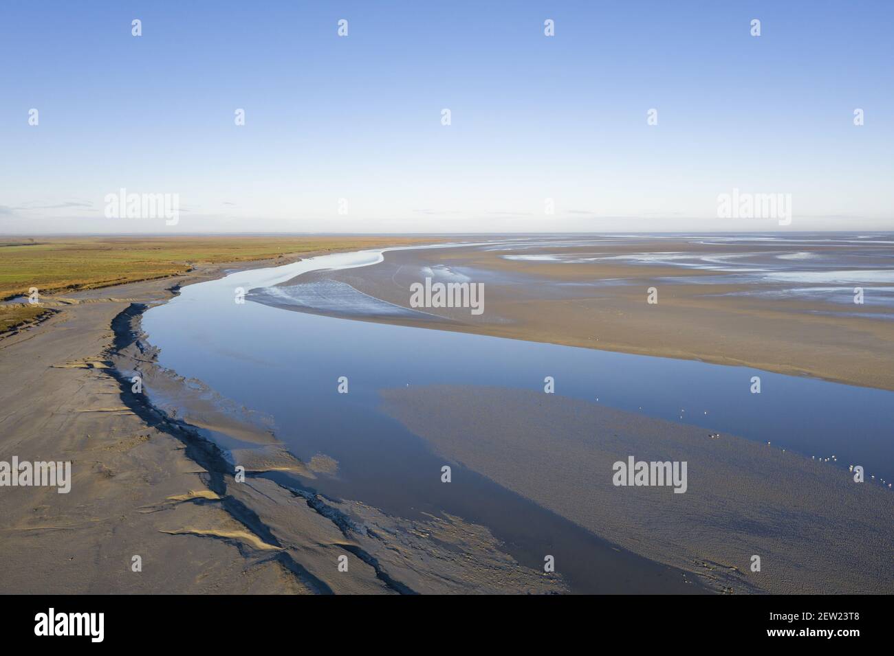 France, Manche, the Mont-Saint-Michel, the mudflats of the bay of Mont ...