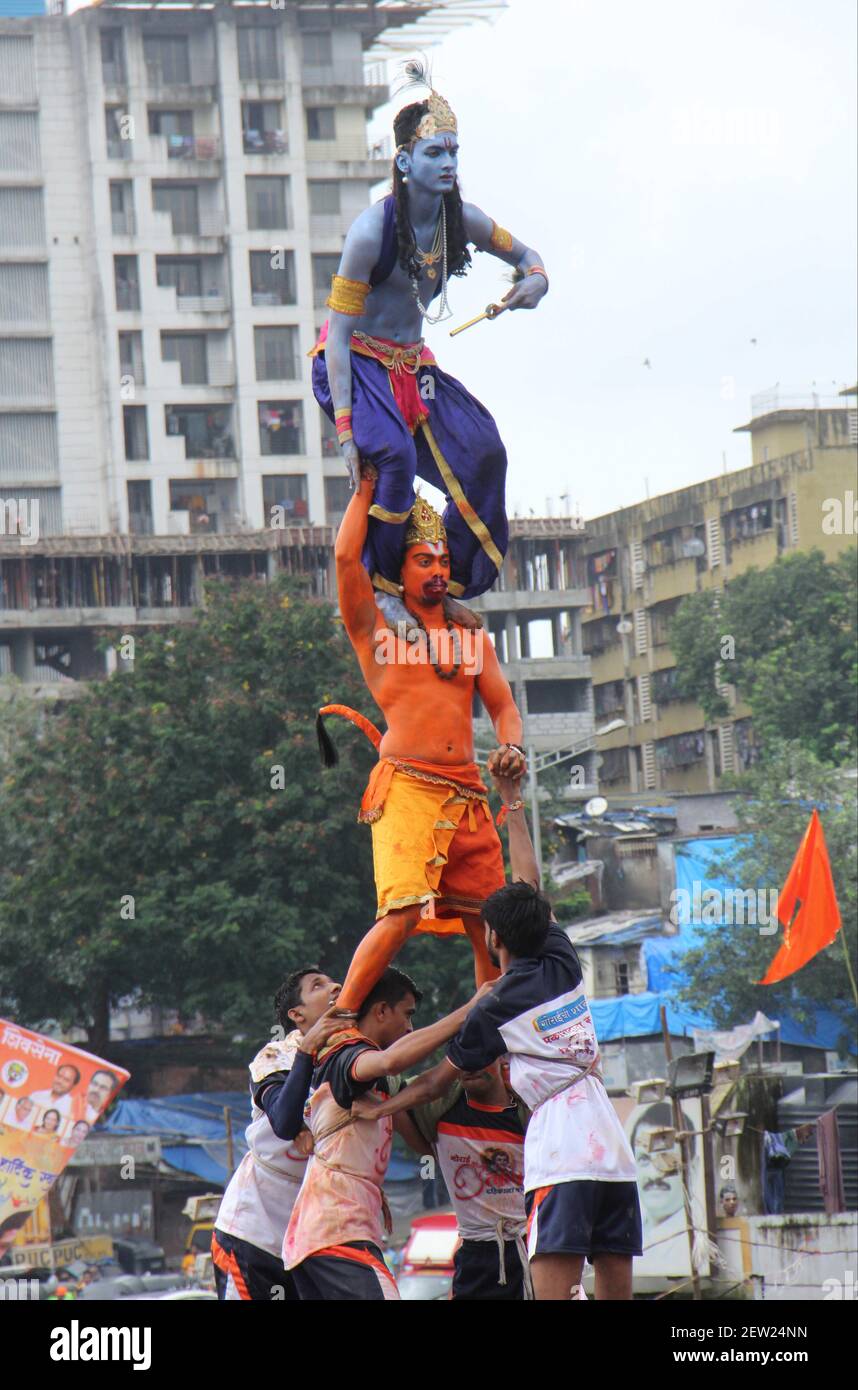 MUMBAI, INDIA - AUGUST 15: Govindas in Lord Krishna and Hanuman outfits ...