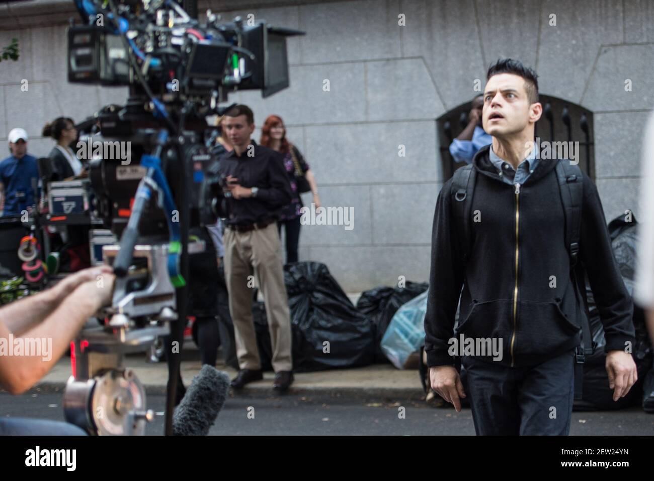 Rami Malik on the set of Mr Robot filming on the Upper East Side of New ...