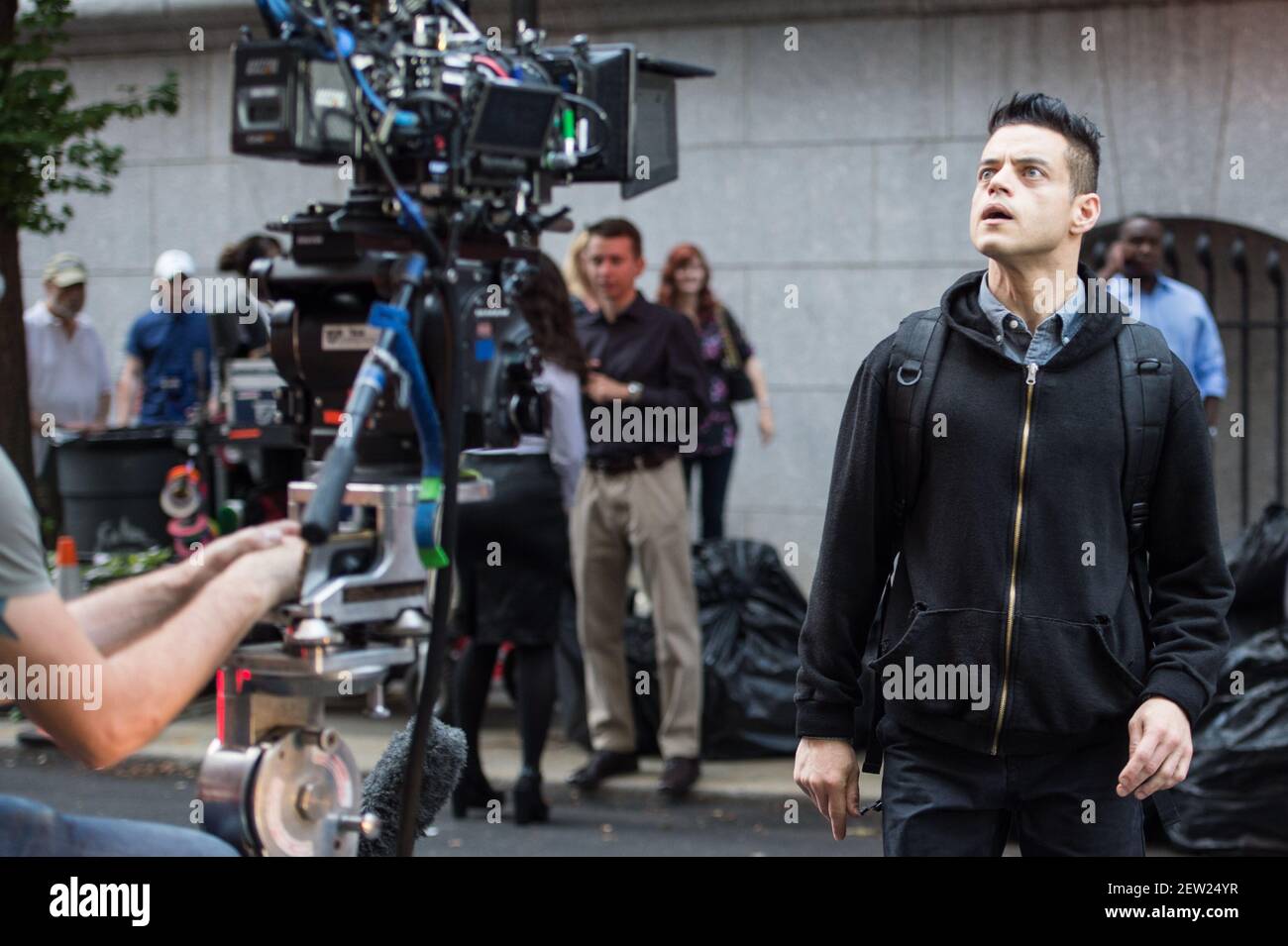 Rami Malik on the set of Mr Robot filming on the Upper East Side of New ...