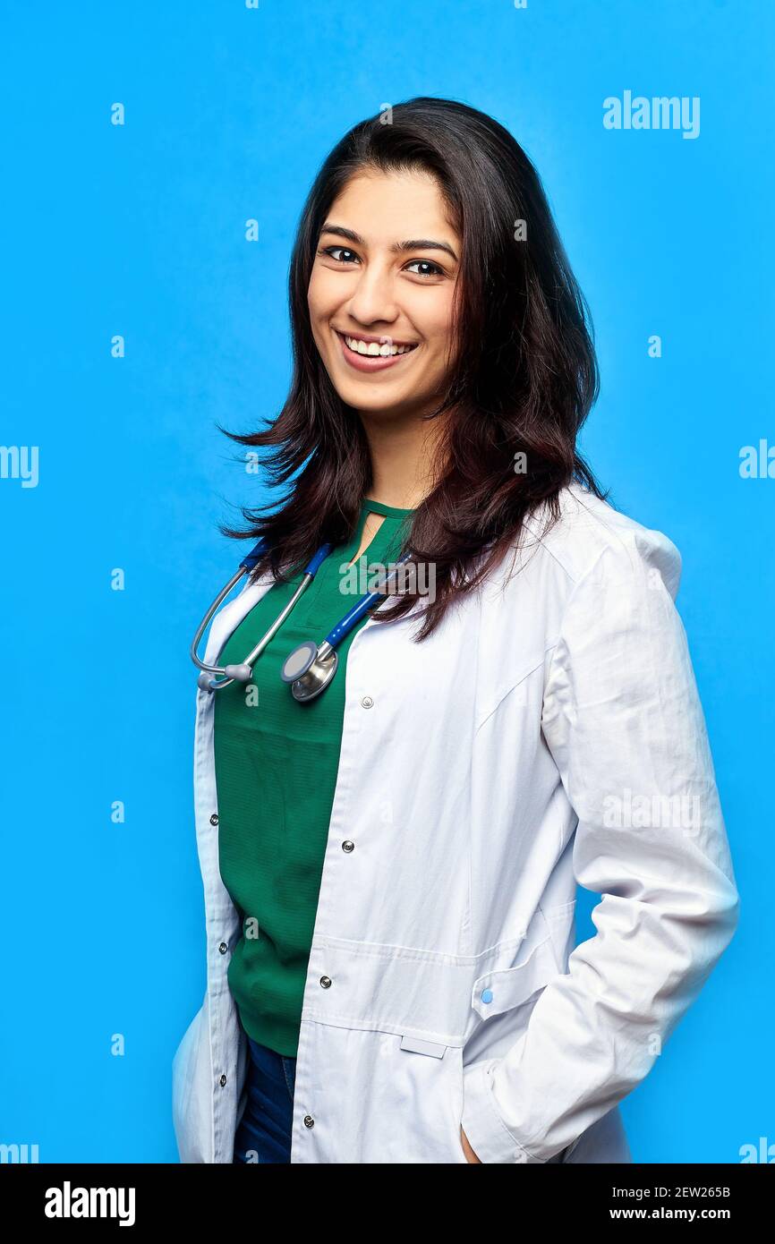 Medical concept of Indian beautiful female doctor in white coat with ...