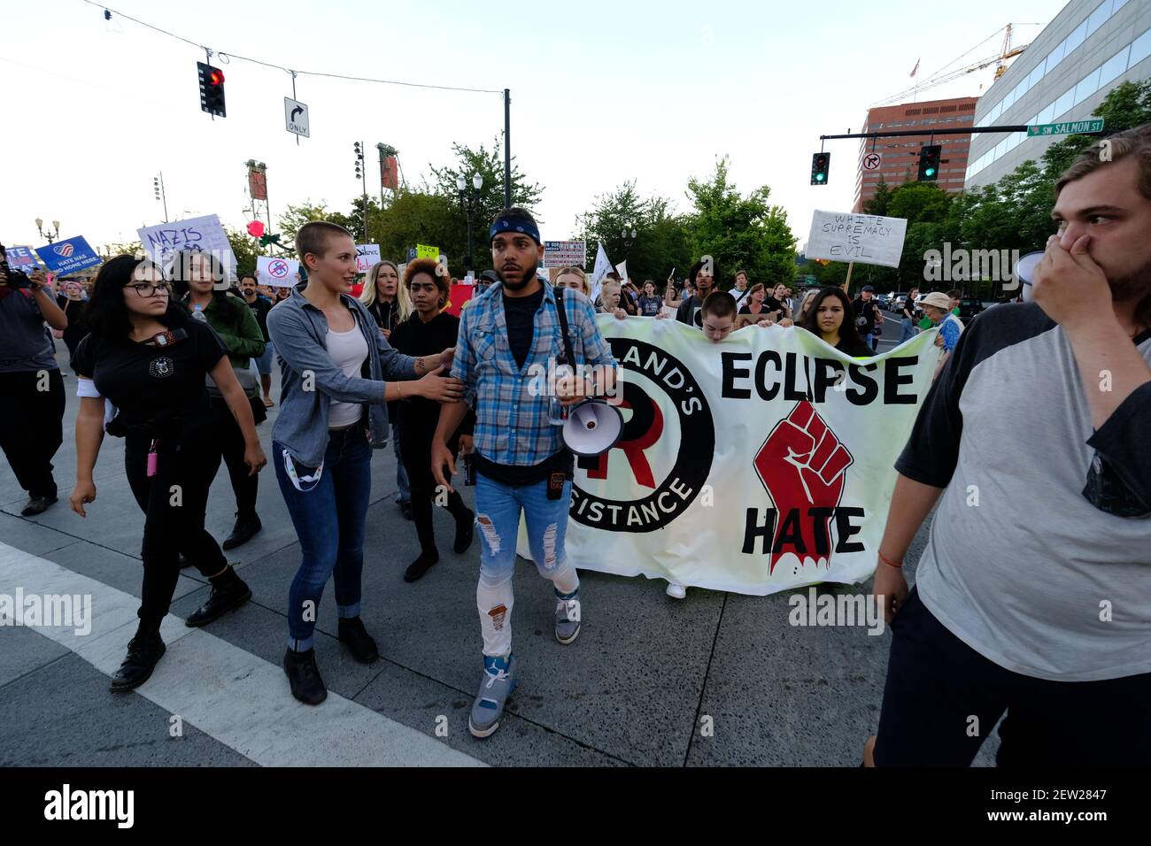 Portland's Resistance leader Gregory McKelvey leads protesters therough ...