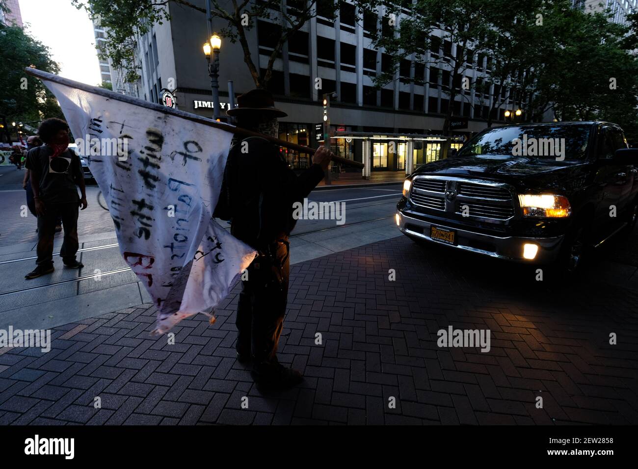 Protesters block traffic in Portland, Ore., on August 18, 2017, during ...
