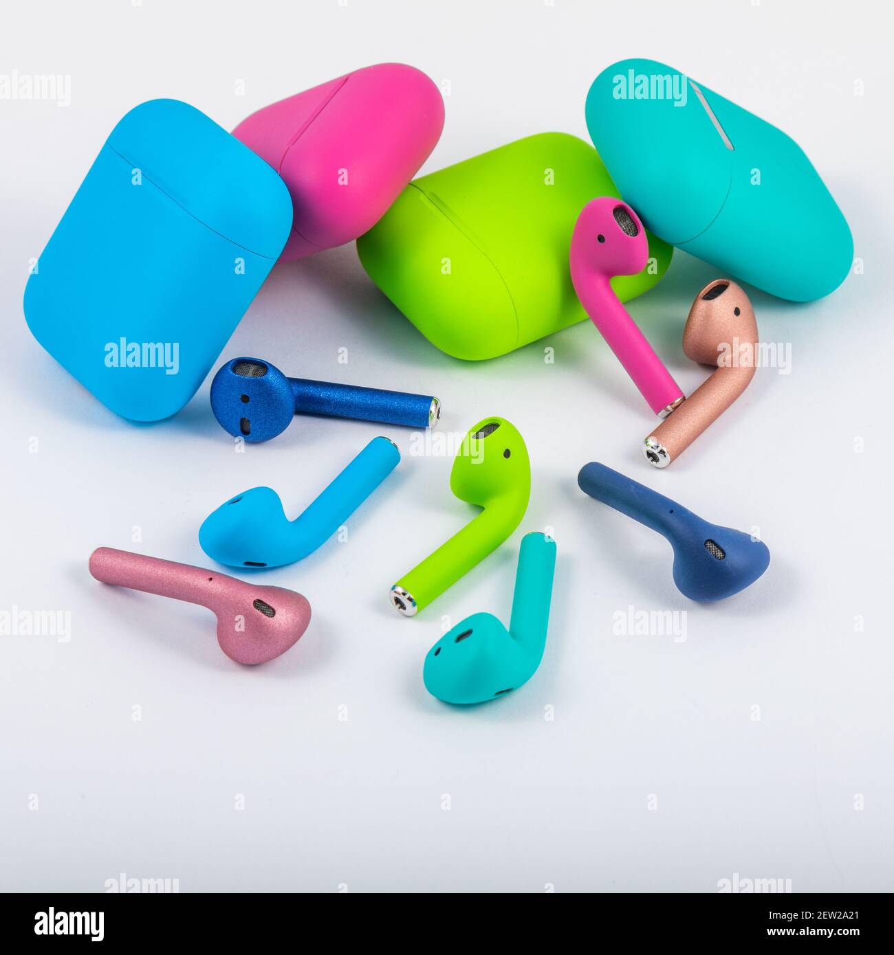 Colored wireless headphones on a white background Stock Photo - Alamy