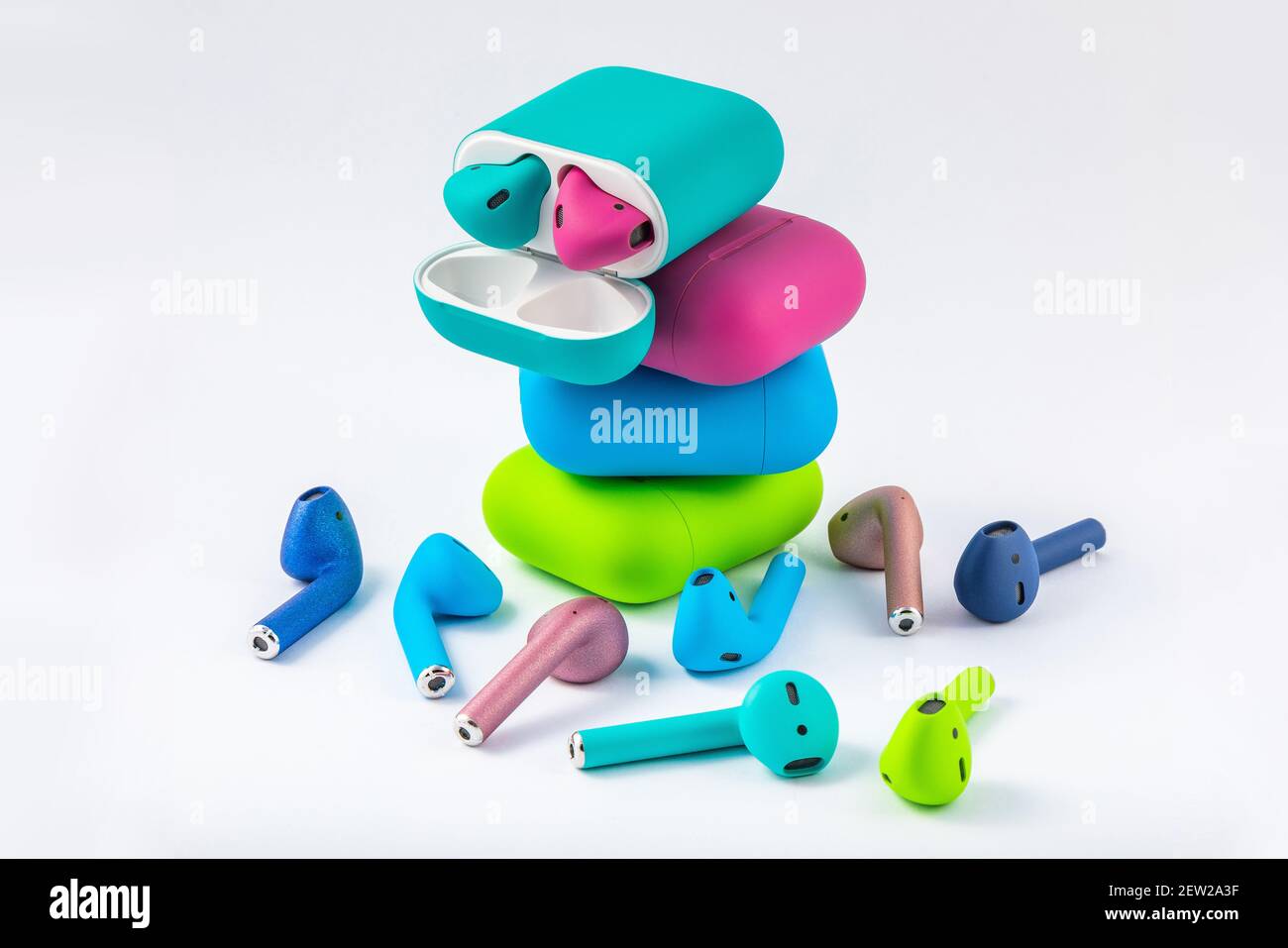 Colored wireless headphones on a white background Stock Photo - Alamy