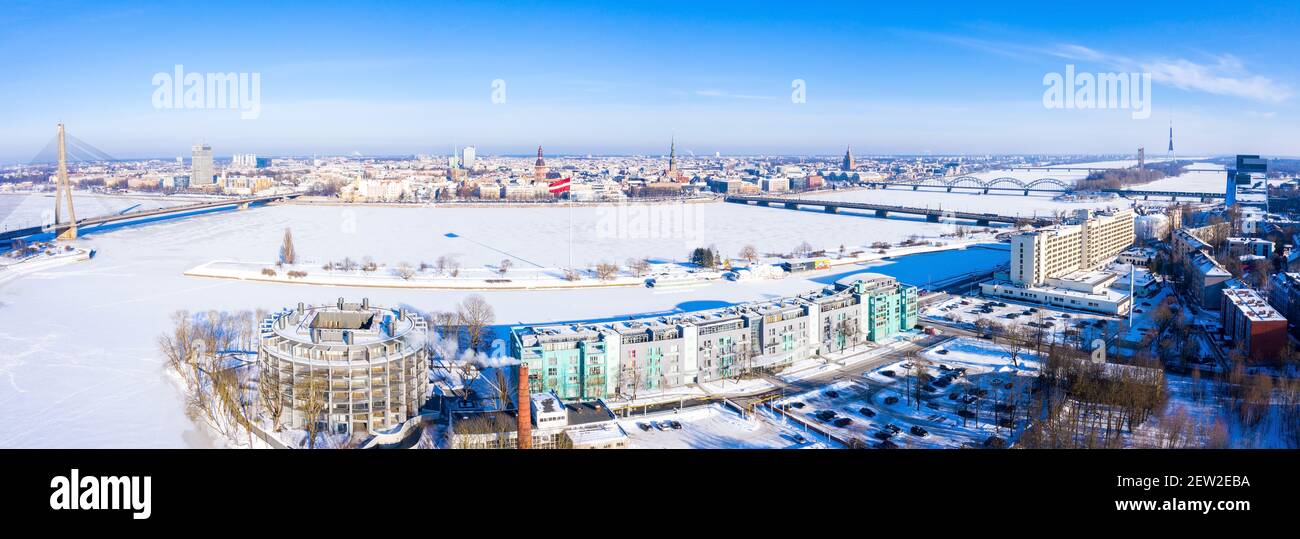 An aerial panoramic view of Riga city during a magical white winter day ...