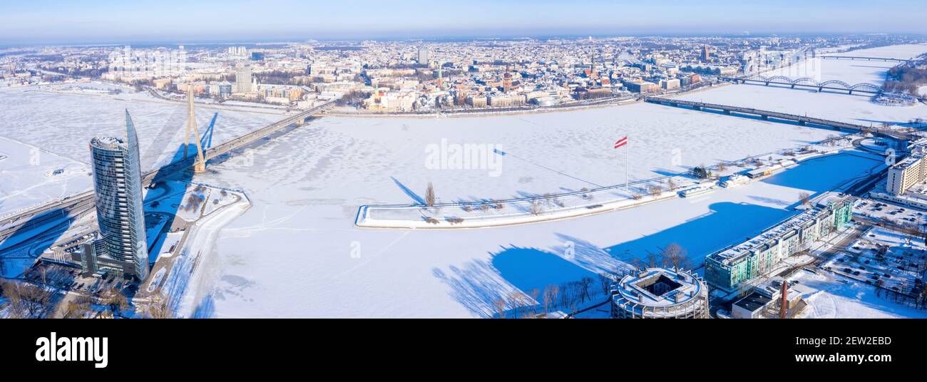 An aerial panoramic view of Riga city during a magical white winter day ...