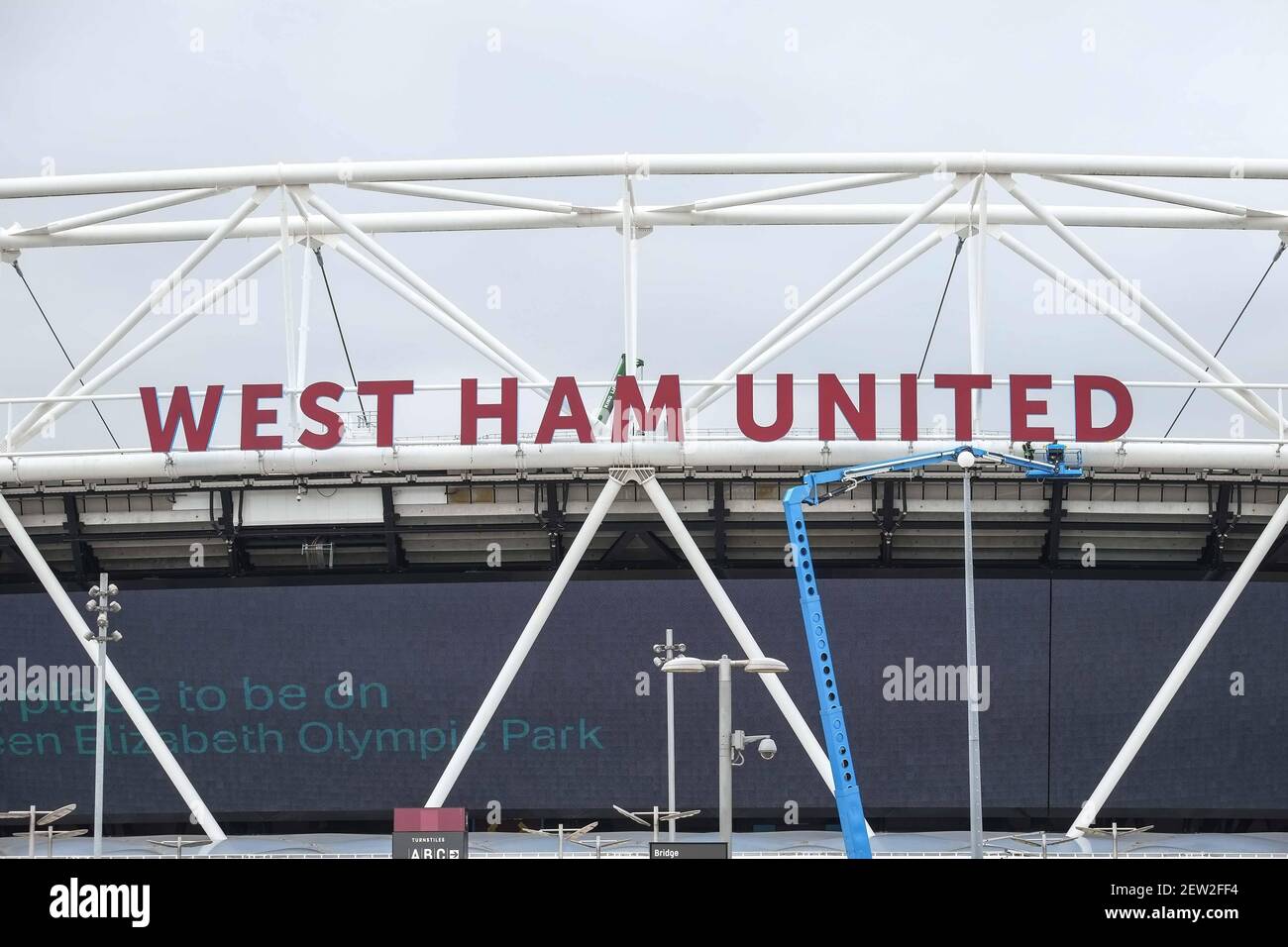 West Ham United Football Club's lettering is re installed on the front ...