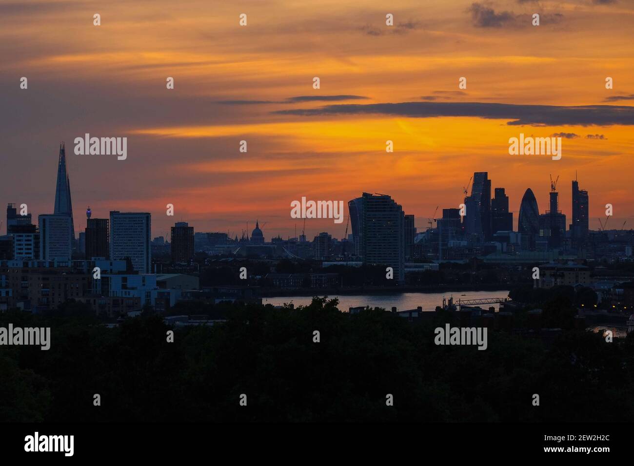 Sunset over London from Greenwich Park. View of The Shard, St Paul's ...