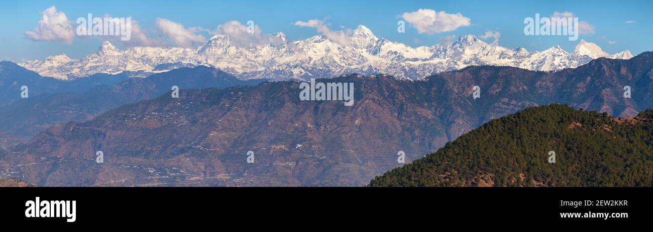 Himalaya, panoramic view of Indian Himalayas, great Himalayan range, Uttarakhand India, view ...