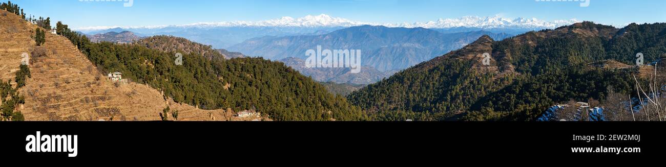 Himalaya, panoramic view of Indian Himalayas, great Himalayan range, Uttarakhand India, view ...