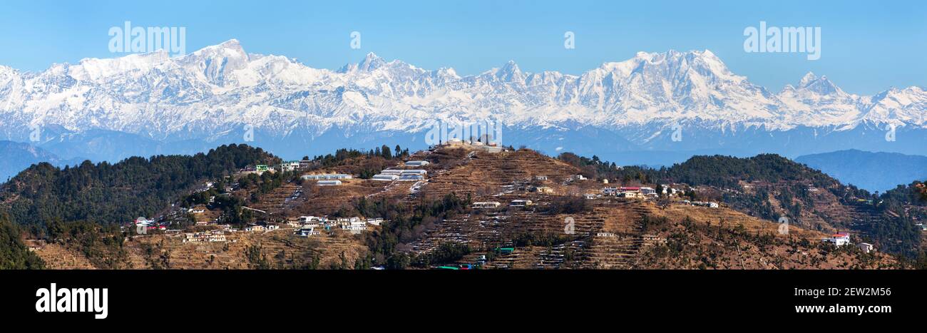 Mount Chaukhamba village and terraced fields, Himalaya, panoramic view of Indian Himalayas ...