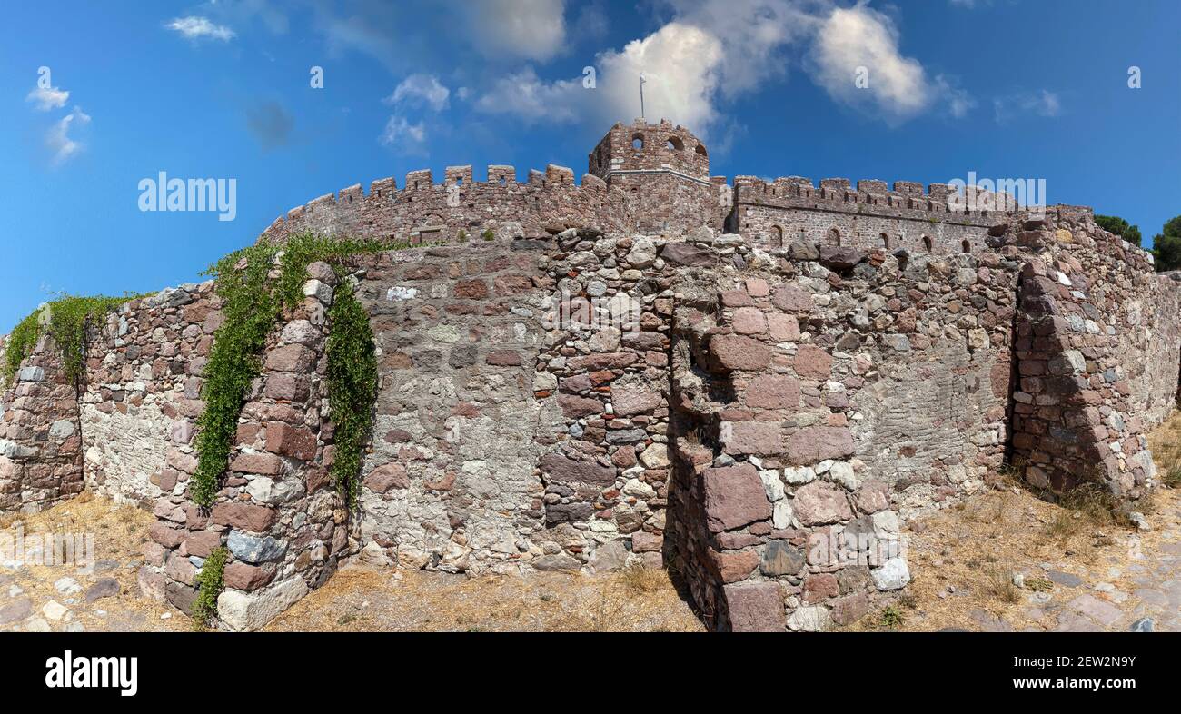 The walls of the medieval castle of Mytilene town, capital of Lesvos ...