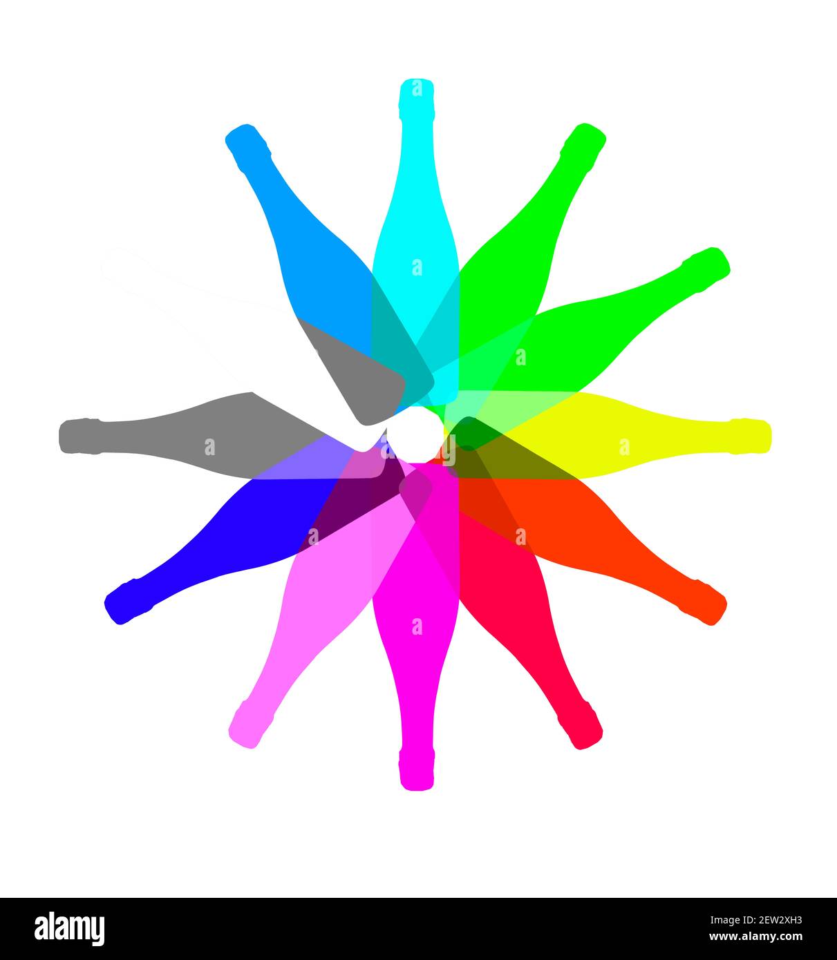 Range of colours; circle in the shape of a champagne bottle and range ...